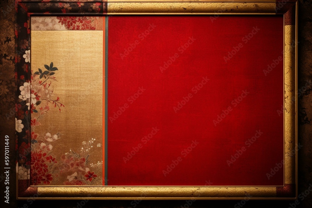 Japanese-style red and gold frame with traditional paper texture ...
