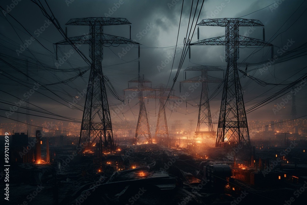 Fusion of power towers and digital computation. Generative AI Stock ...