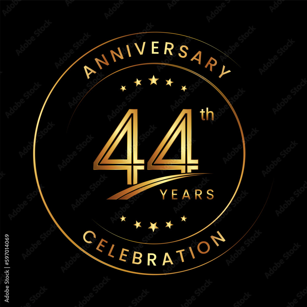 44th Anniversary. Anniversary logo design with gold color ring and text ...