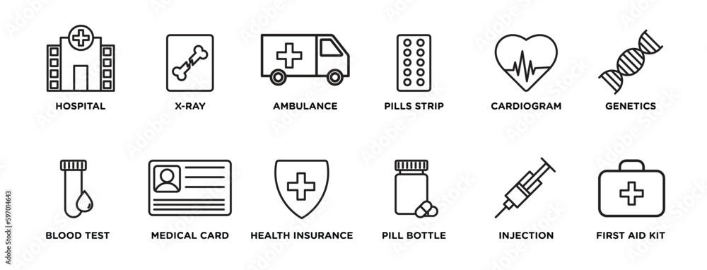 Medical icon set. Hospital, x-ray, ambulance, pills strip, cardiogram ...