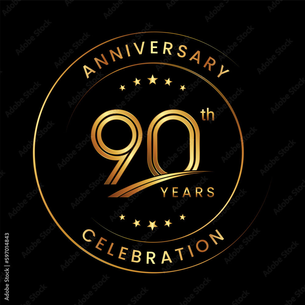 90th Anniversary. Anniversary logo design with gold color ring and text ...