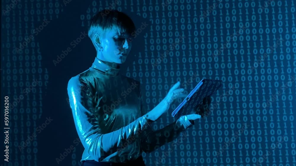 Young adult woman coder hacking security system, working on digital ... Young adult woman coder hacking security system, working on digital ...
