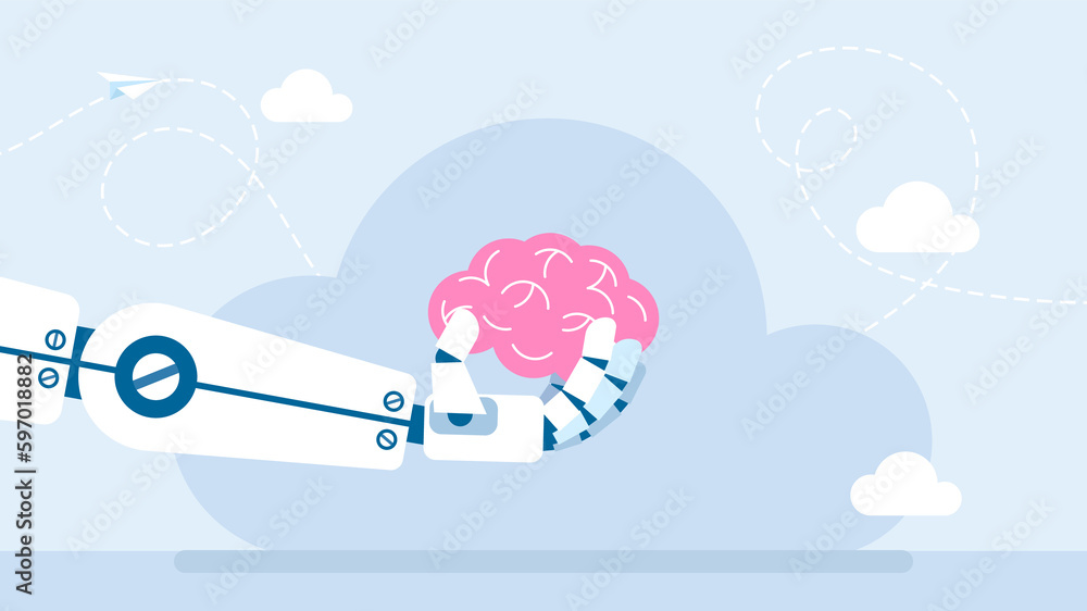 The impact of modern technologies on human thinking. Robot`s hand holds ...