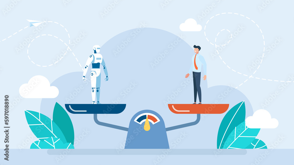 Balance scales human vs robot. Competition concept artificial ...