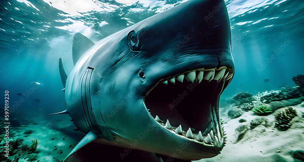 Photorealistic dinosaur shark-like megalodon creature in a natural ...