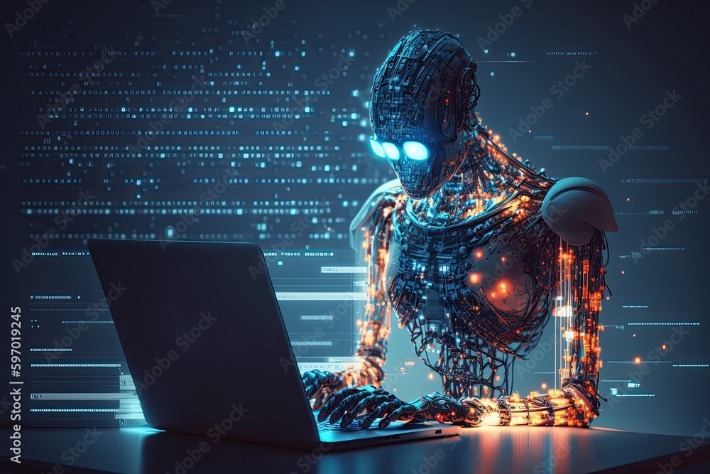 Futuristic robot typing and learning with laptop, chat bot. Generative ...