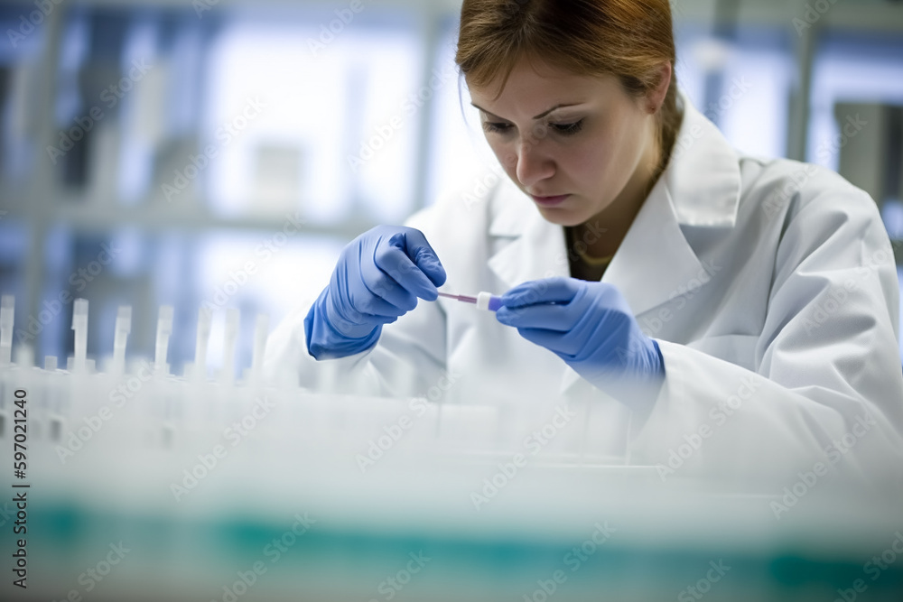 Pharmaceutical employee in laboratory examines a human genetic sample ...