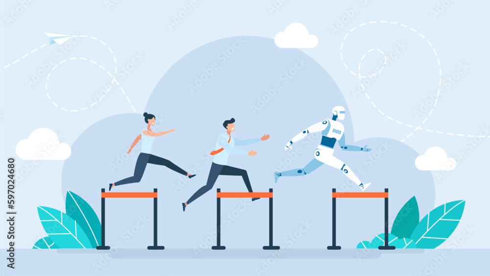 AI vs human battle concept. Robot and human running competition ...
