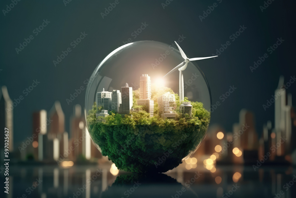 Light bulb shape with city and garden , Renewable energy modern house ...