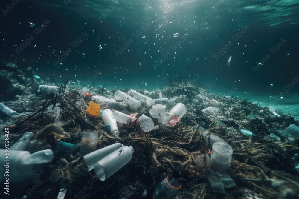 Plastic waste and garbage under water in the ocean. Climate change, the ...