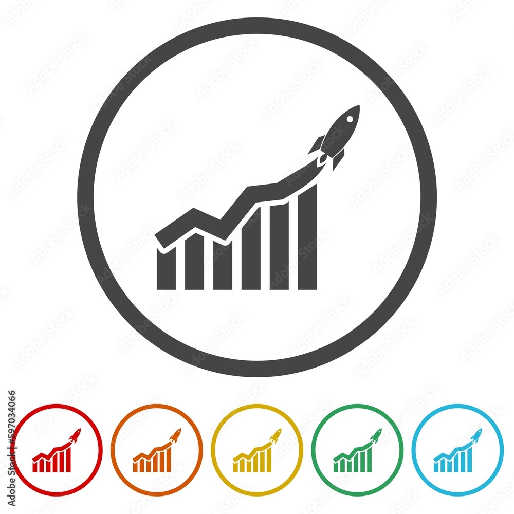 Rocket with blocks for illustration of phased, progress icon. Set icons ...