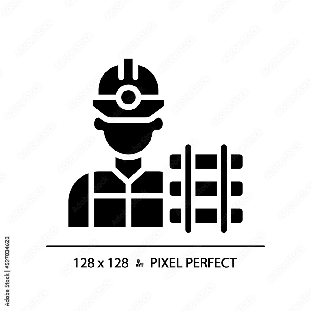 Railway worker pixel perfect black glyph icon. Railroad labor. Train ...