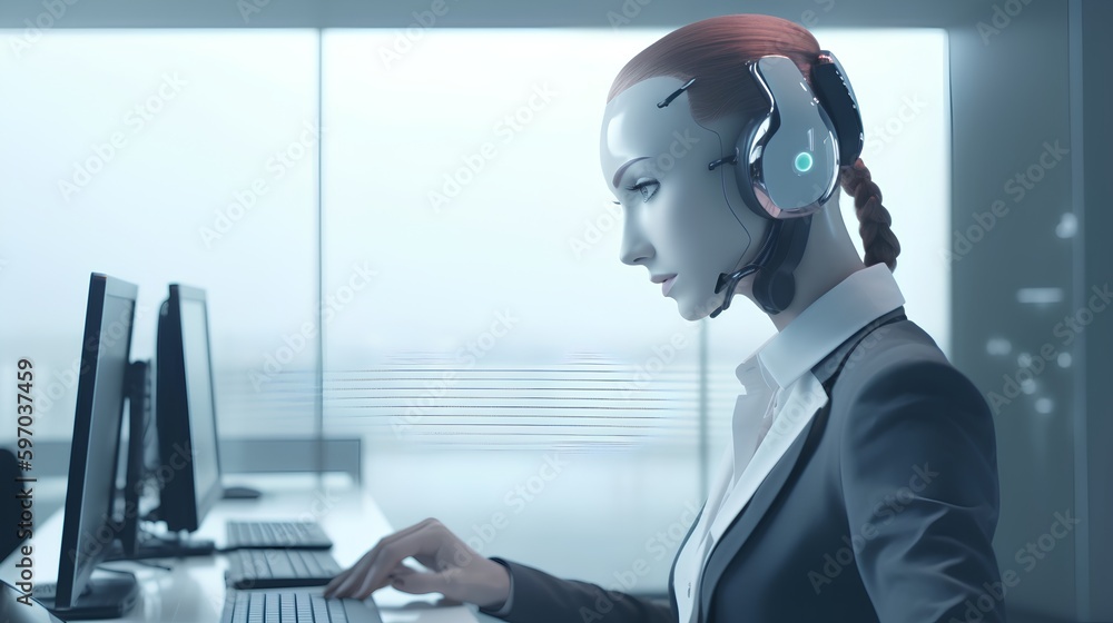 Futuristic humanoid robot AI assistant with headphones, expertly ...