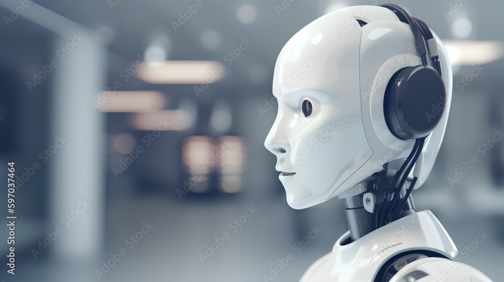 Futuristic humanoid robot AI assistant with headphones, expertly performing customer service ...