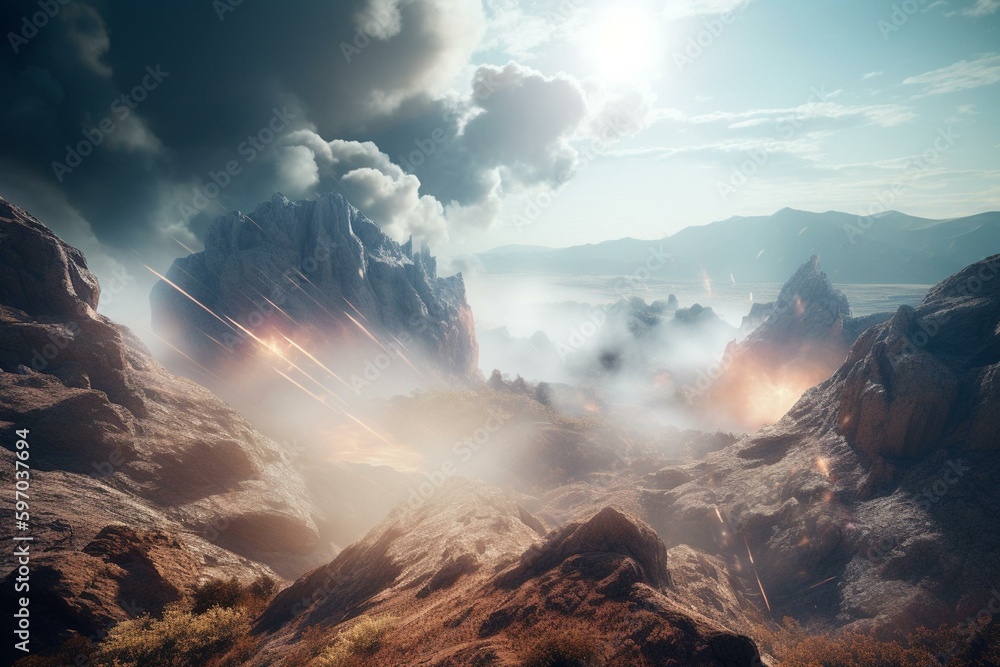 Cinematic canyon landscape with floating clouds, shimmering particles ...