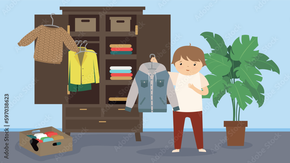Woman choosing clothes in wardrobe flat vector illustration. Cartoon ...