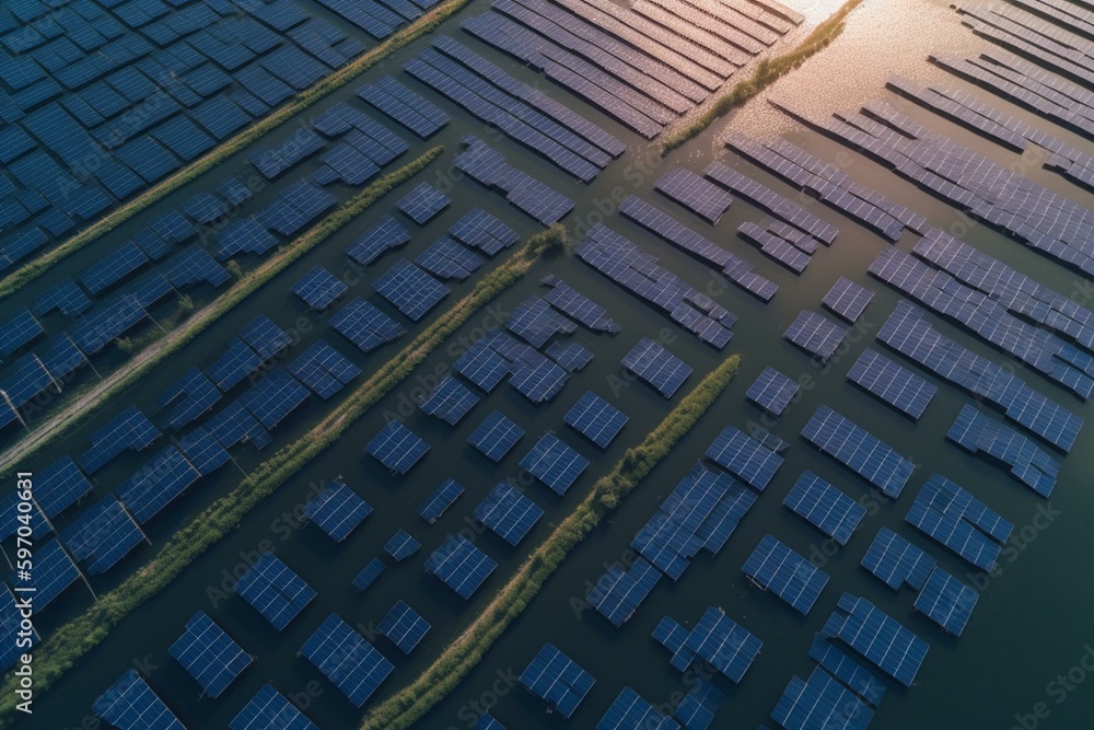 Overhead shot of solar farm situated on surface of body of water ...