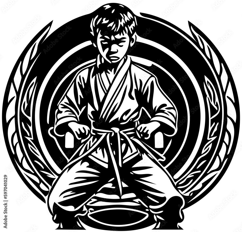Karate kid emblem logo in black and white, vector illustration of a ...