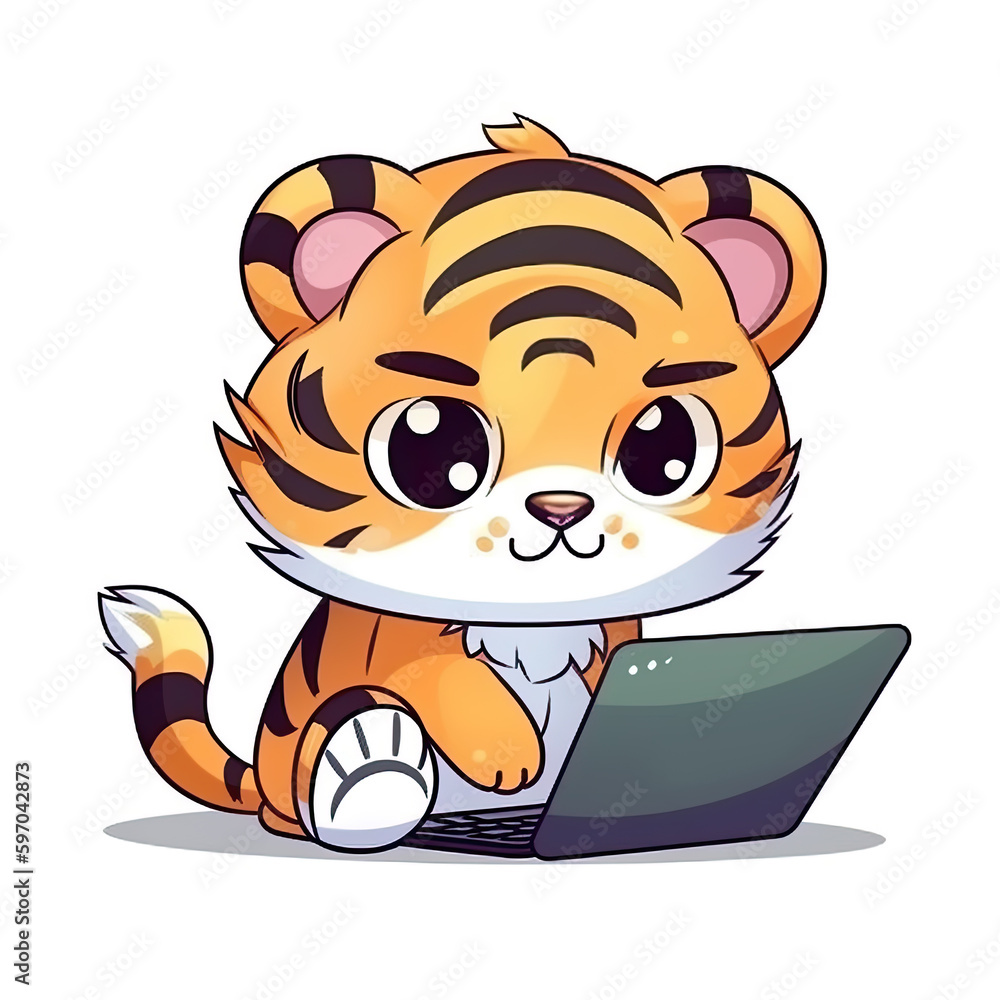 Cute tiger with laptop computer, cartoon chibi style, AI generative ...