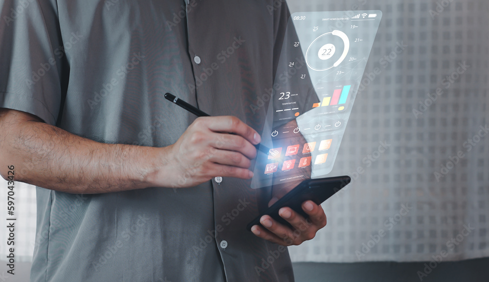 Smart remote home control system app. Living room interior in ...