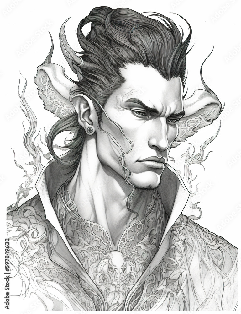 Fantasy character with Asian influences, black white illustration ...