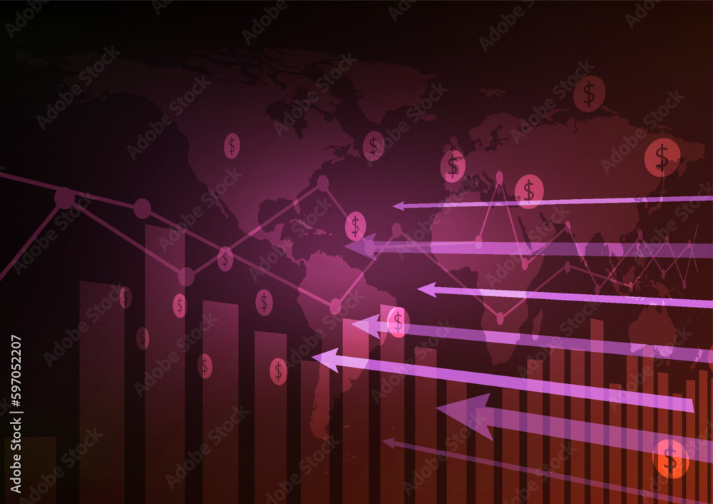 Business arrow and stick graph on world map background. Chart of global ...