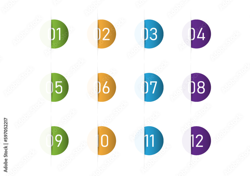 Number bullet points. Circle pins with number 1 to 12 color object ...