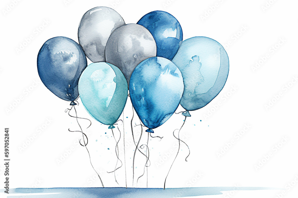 Watercolor blue balloons on white background. watercolor hand painted ...
