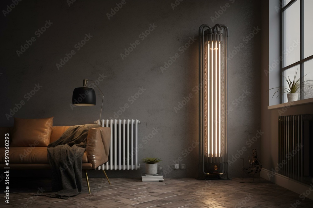 3D gas heater on grey wall radiates warmth to an apartment. Keywords ...