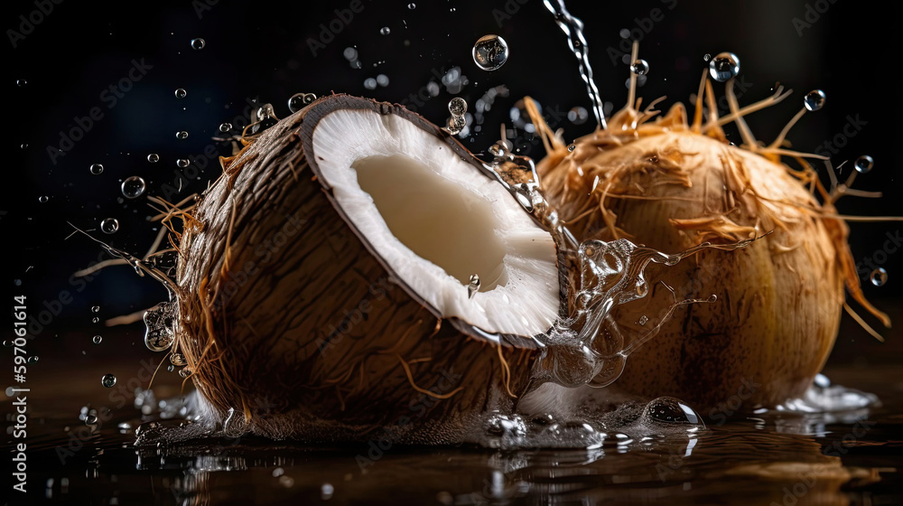 coconut fruits hit by splashes of water with black background and blur ...