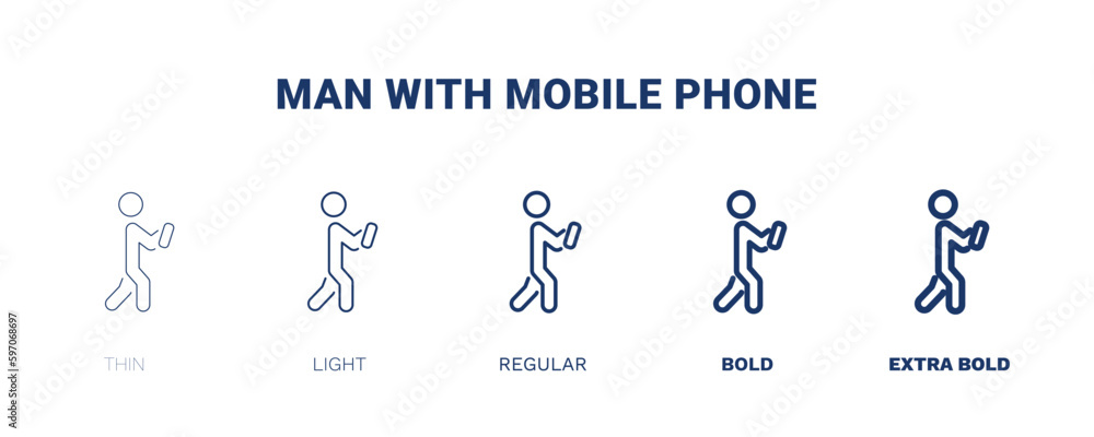 man with mobile phone icon. Thin, light, regular, bold, black man with ...