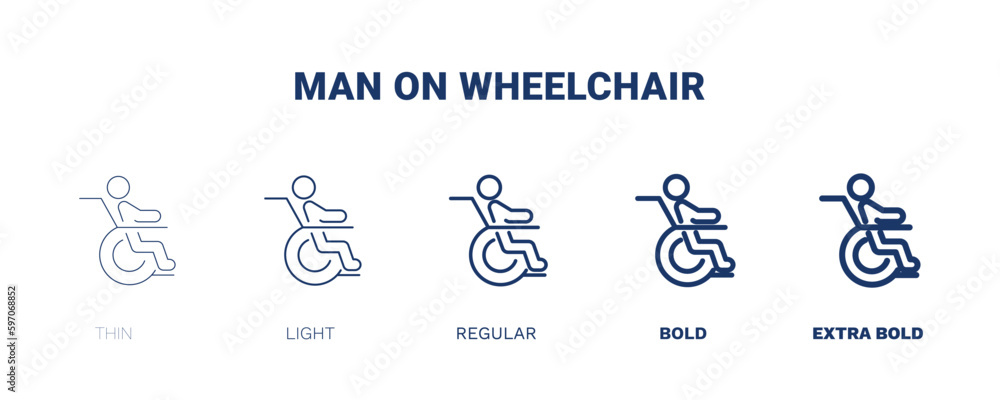 man on wheelchair icon. Thin, light, regular, bold, black man on ...