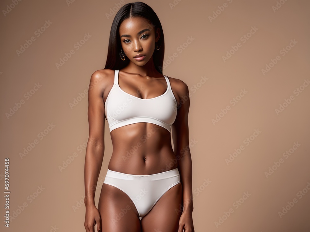 Portrait of beautiful black woman wearing white lingerie underwear. Posing posing at beige ...