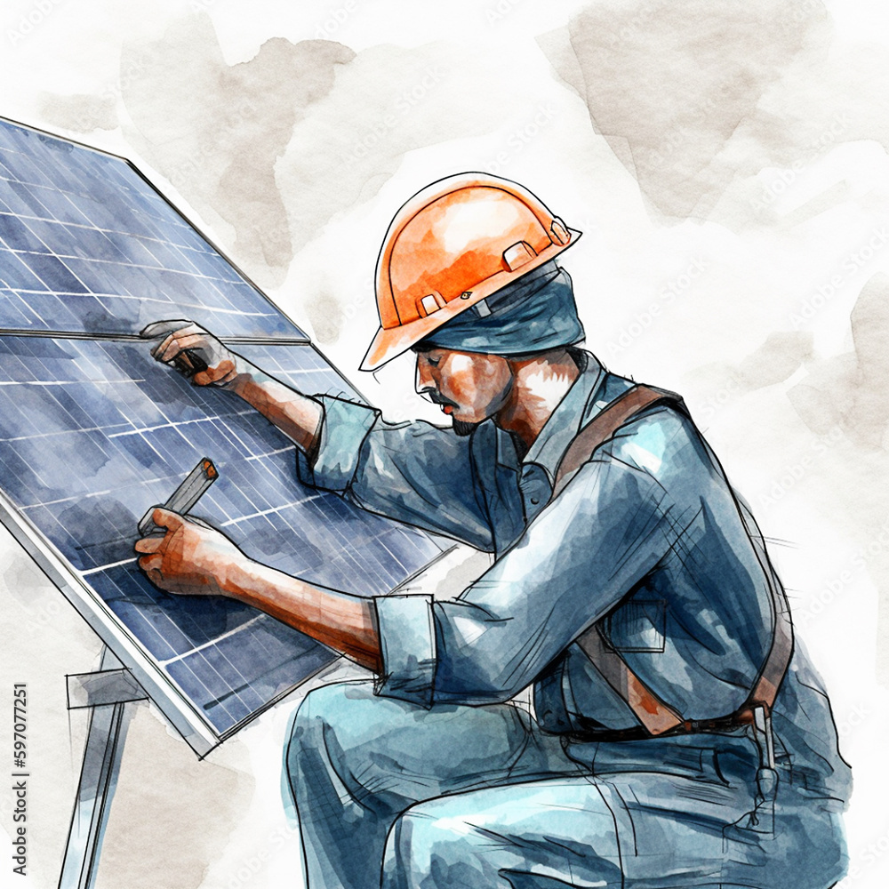Watercolor illustration of a male engineer using a solar panel in a ...