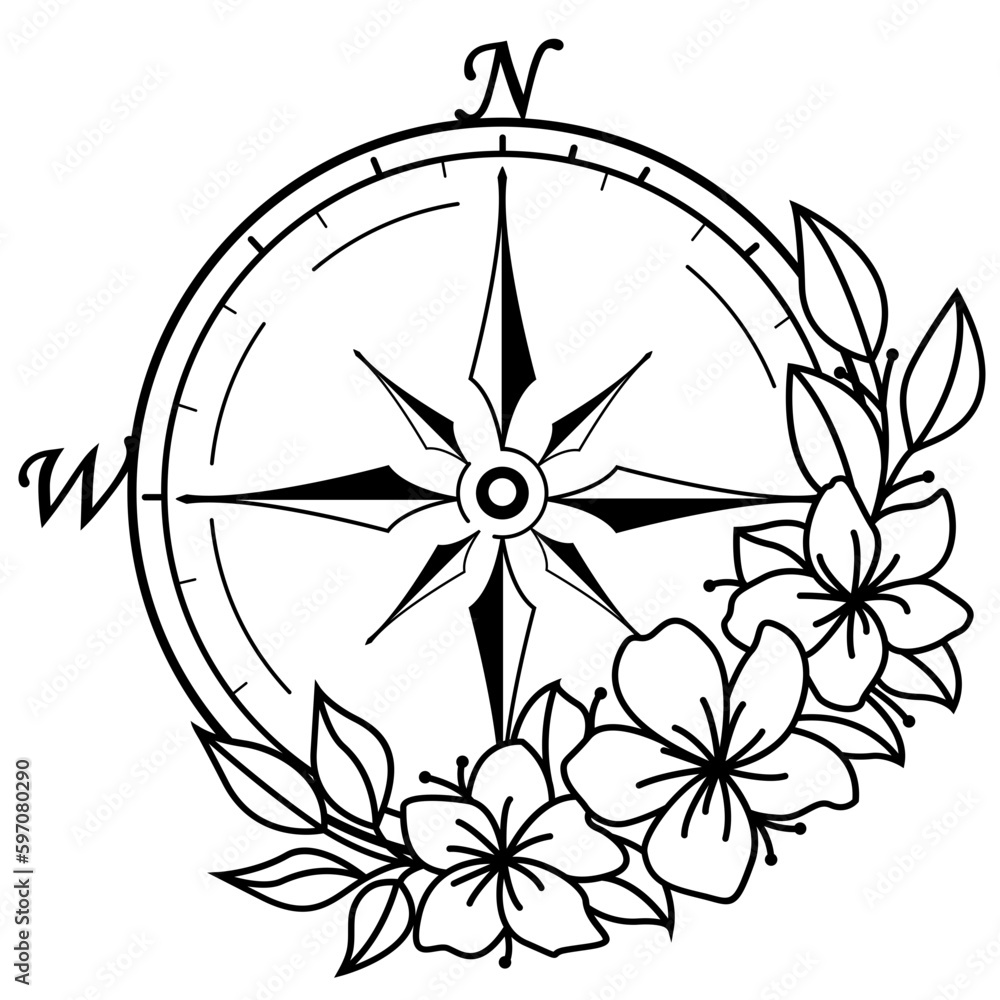 Compass with flowers silhouette svg Stock Vector | Adobe Stock