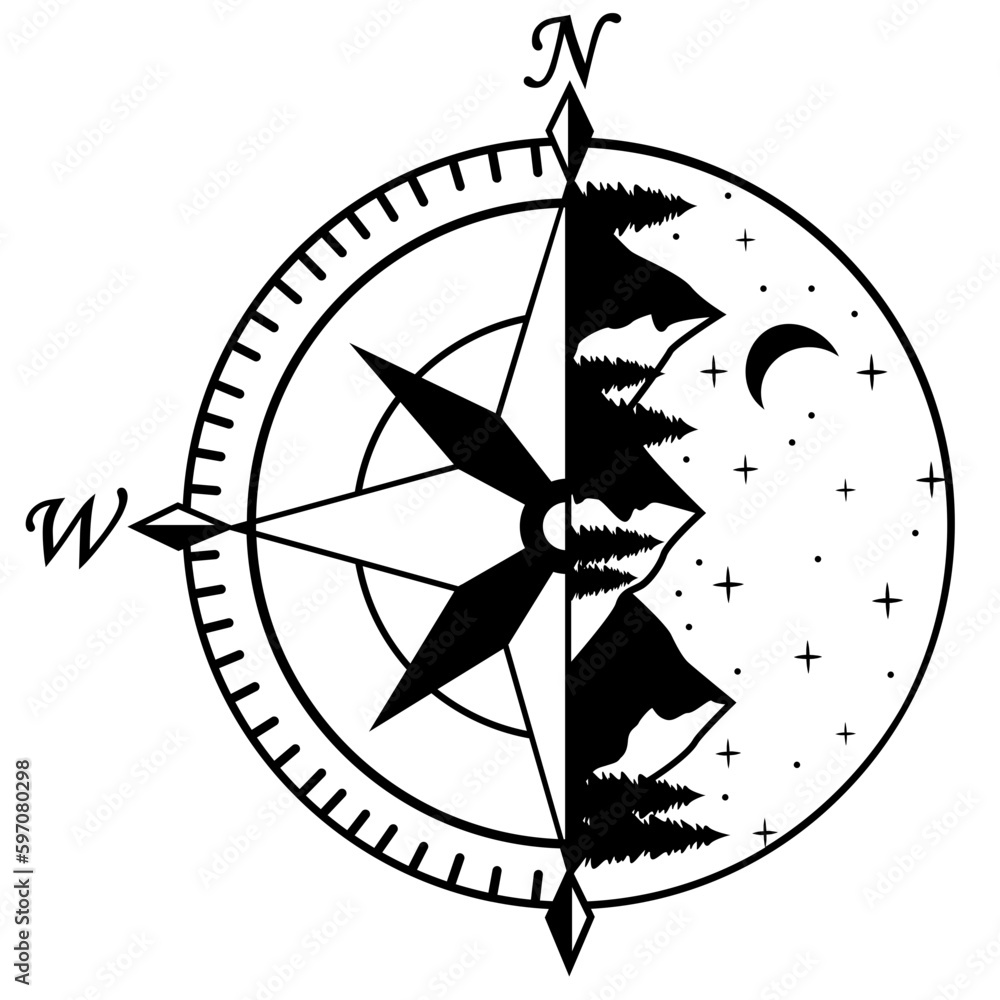 Compass and mountain, forest silhouette, Travel round logo design ...