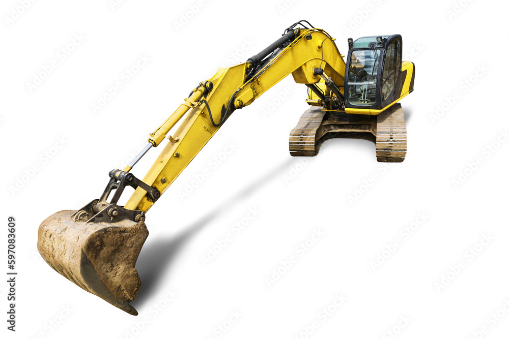 Crawler excavator with extended boom and big bucket isolated on white ...