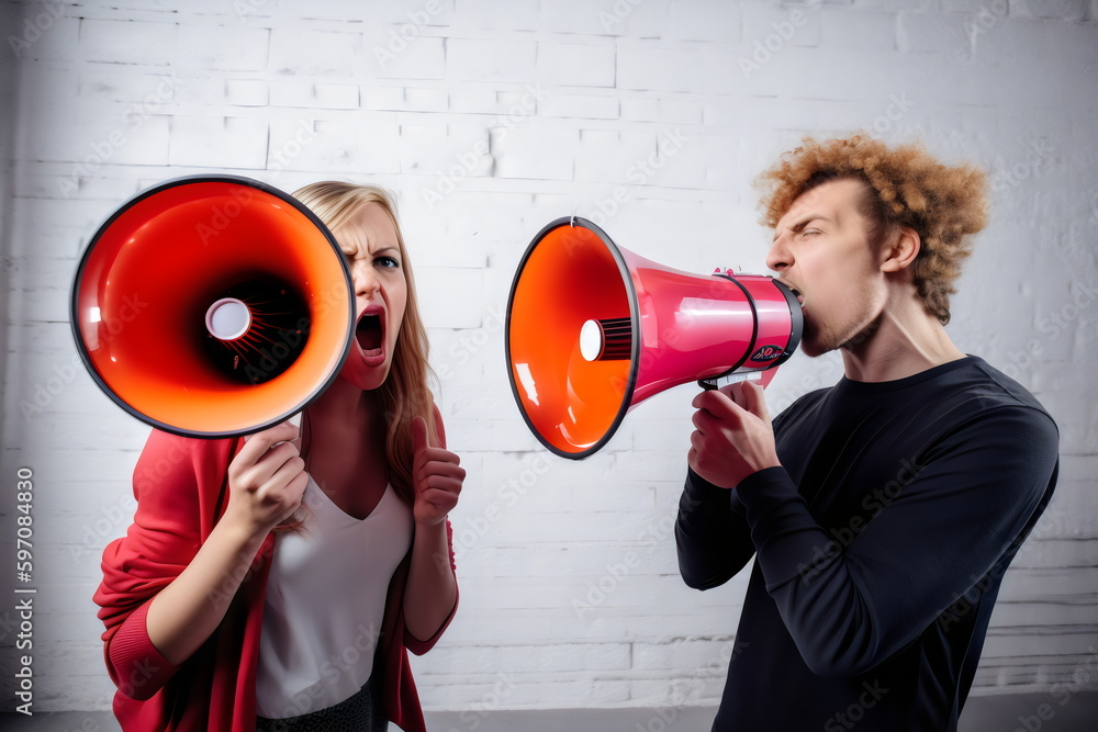 angry man and woman yelling at each other through megaphones near white ...