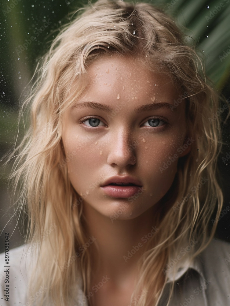 Model with blonde hair in front of wall, rain drops falling. Generative ...
