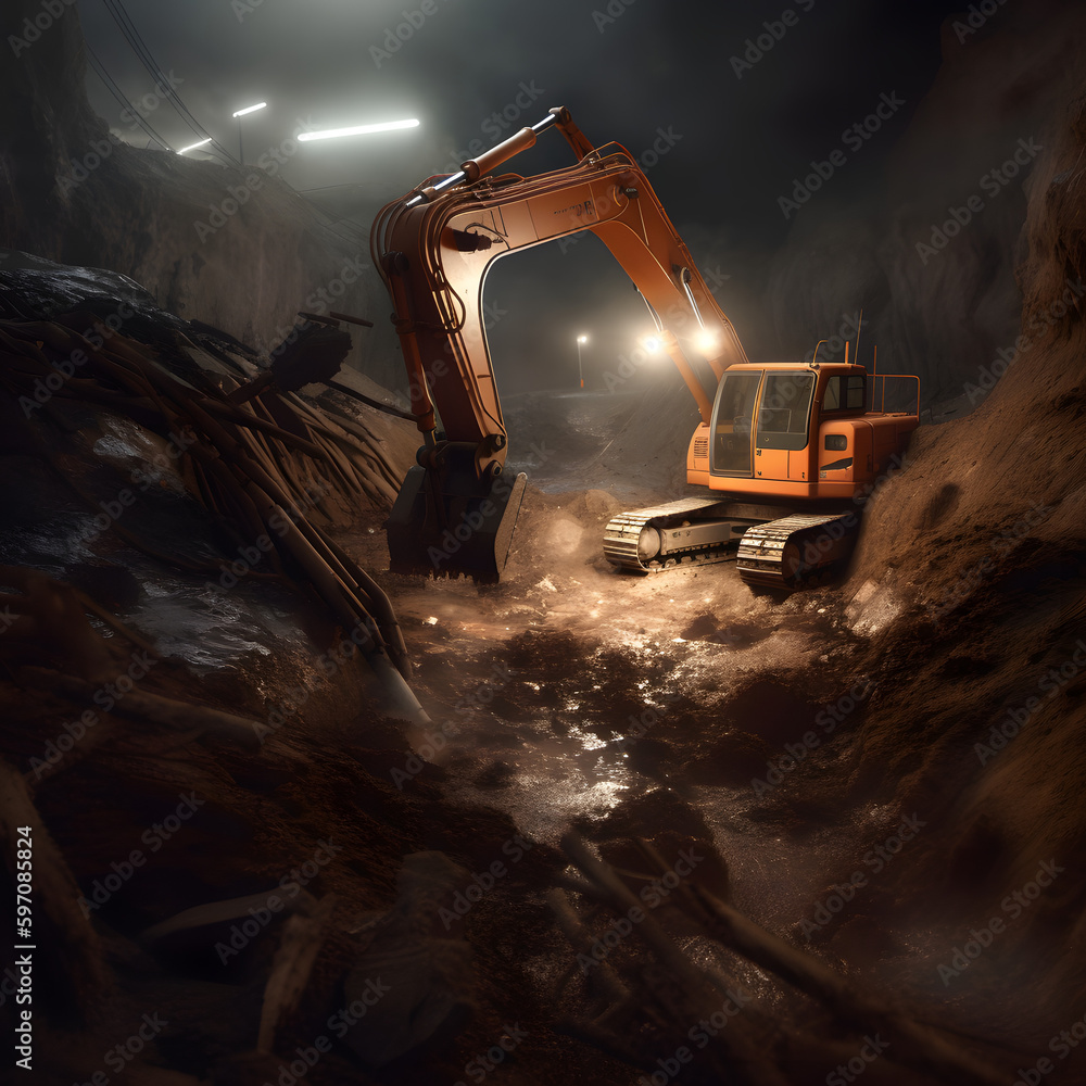 An excavator digging a trench for a pipeline in a constru created with ...