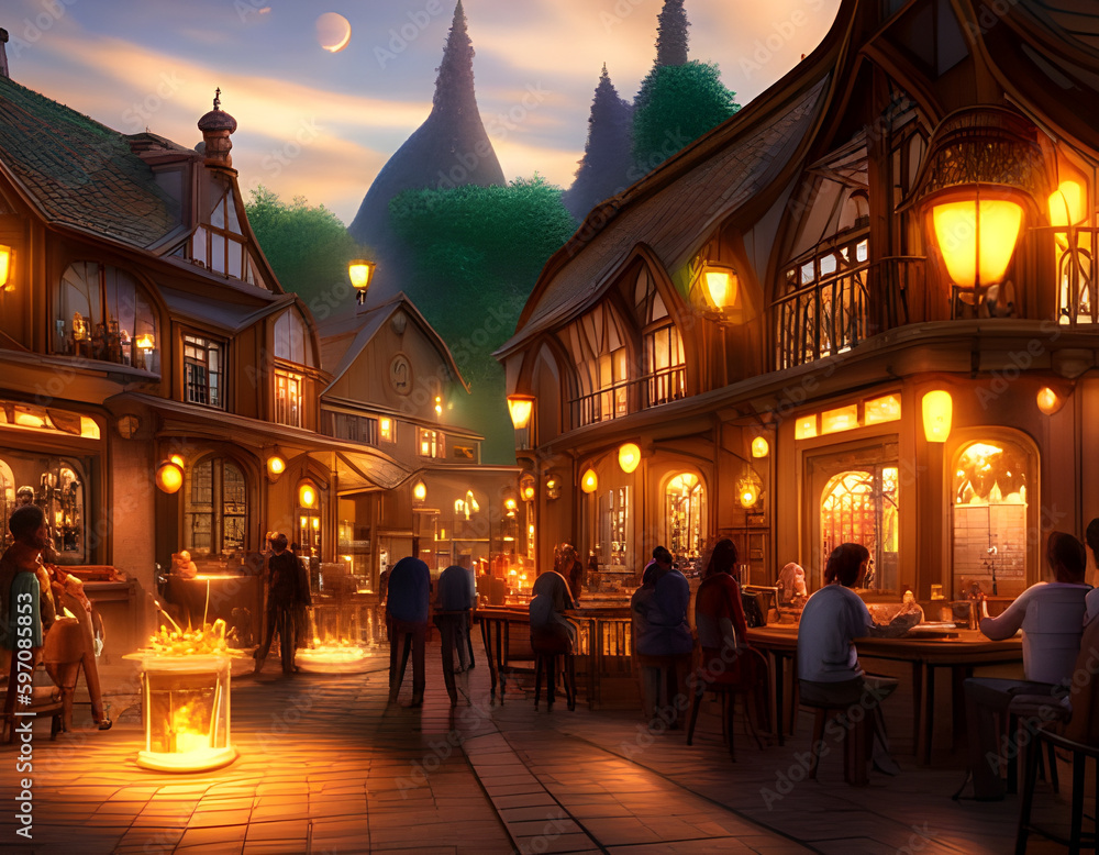 Cozy magical café courtyard at night. Warm glow over patrons relaxing ...