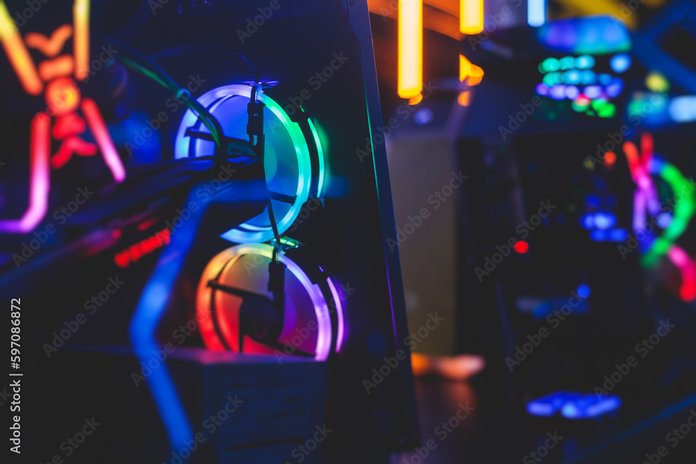 View of Gaming PC with rgb led lights, powerful high end personal ...