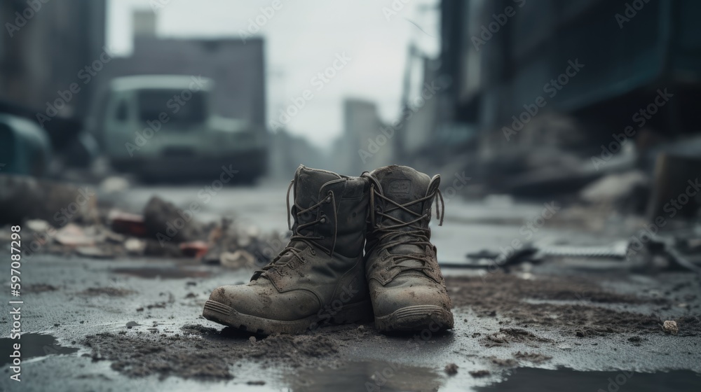 Abandoned Soldier's Military Boots, Forgotten Footwear, Symbol of Bravery, Poignant Moment, War ...