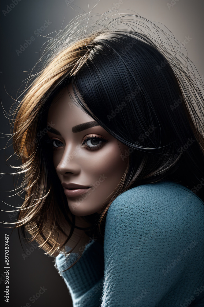 Portrait. A woman with long hair and in a blue sweater poses for a ...