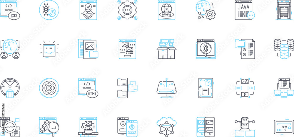 Virtual security linear icons set. Encryption, Firewall, Antivirus, Authentication, Privacy ...