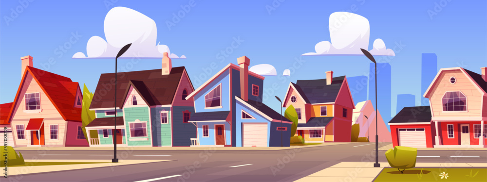 Vetor de Suburban village street with house building vector cartoon ...