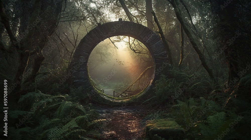 Round stone portal in the forest, an abandoned temple. Path made of ...