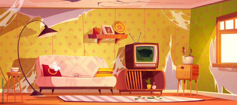 Abandoned house room with broken sofa and tv glass on floor cartoon ...