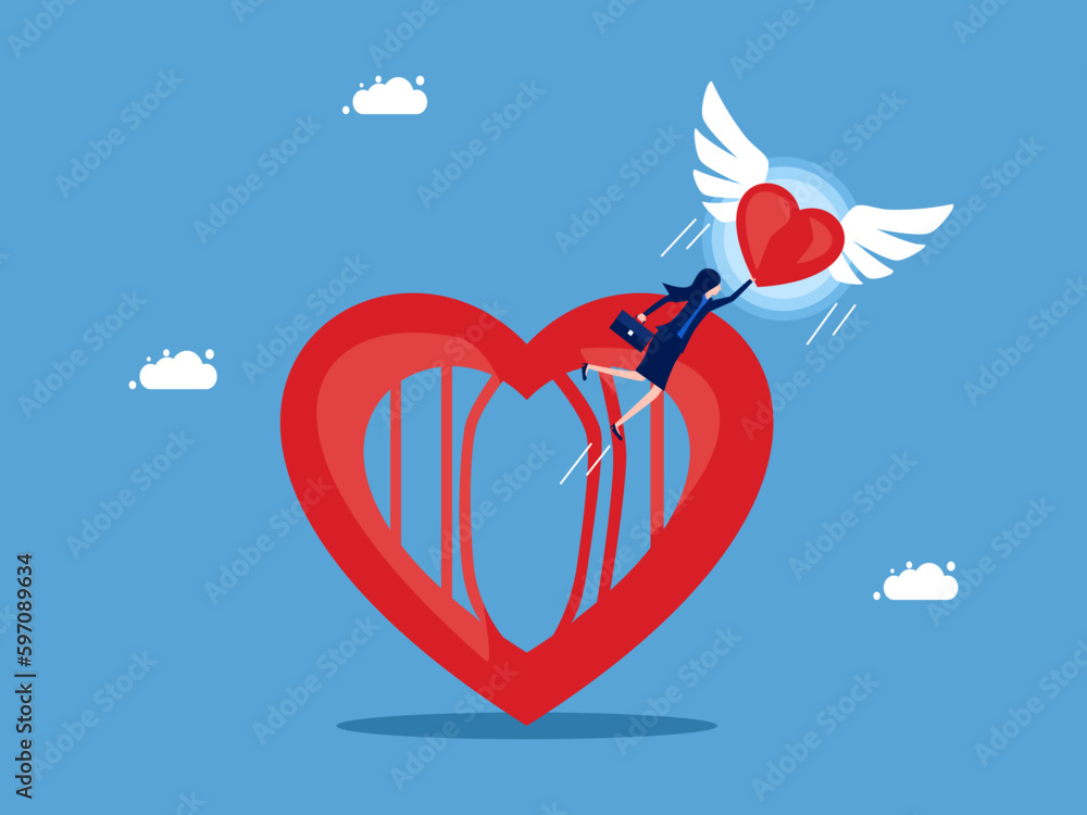 empty mind and the discovery of a new life. Businesswoman flying with ...