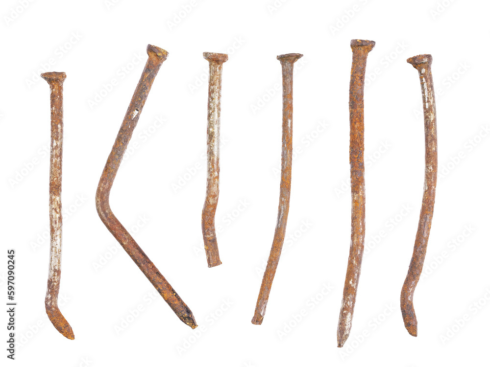 Set of old deformed and rusted nails close-up, isolated on transparent ...